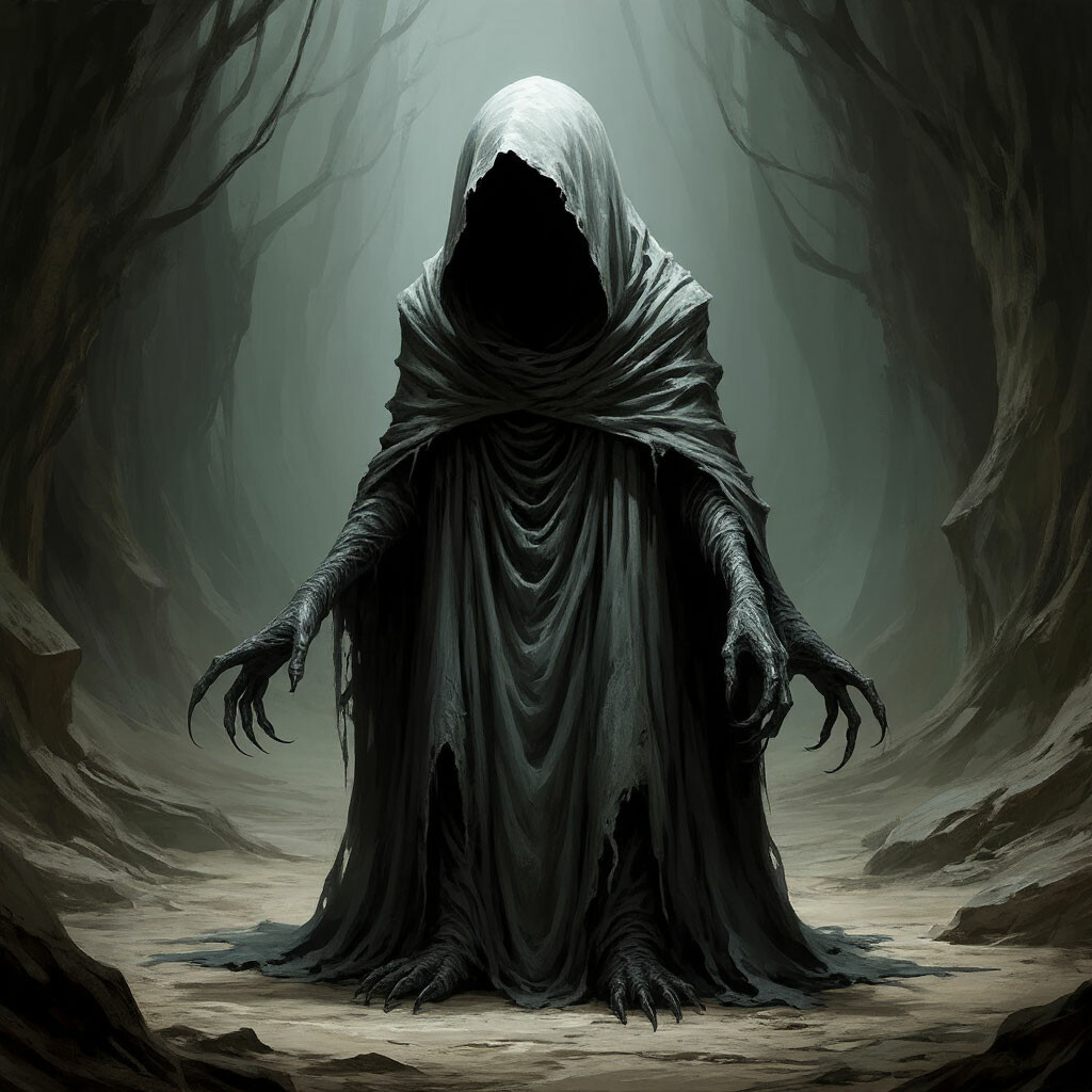 "A servant of the silent abyss, a faceless short creature wrapped in ...