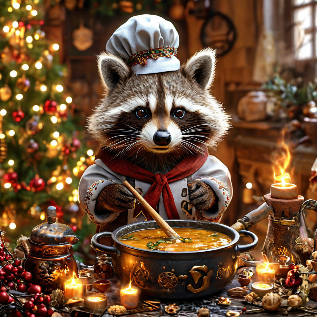 "👍🏻🦝 raccoon cook cooks soup, stirs…" — image created in Shedevrum