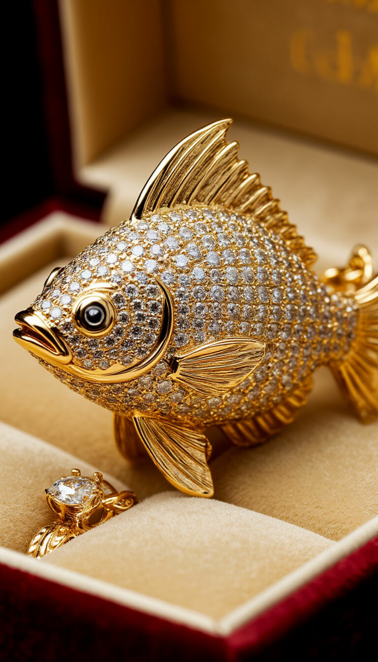 "Gold jewelry Fish studded with diamonds, in a velvet case ...