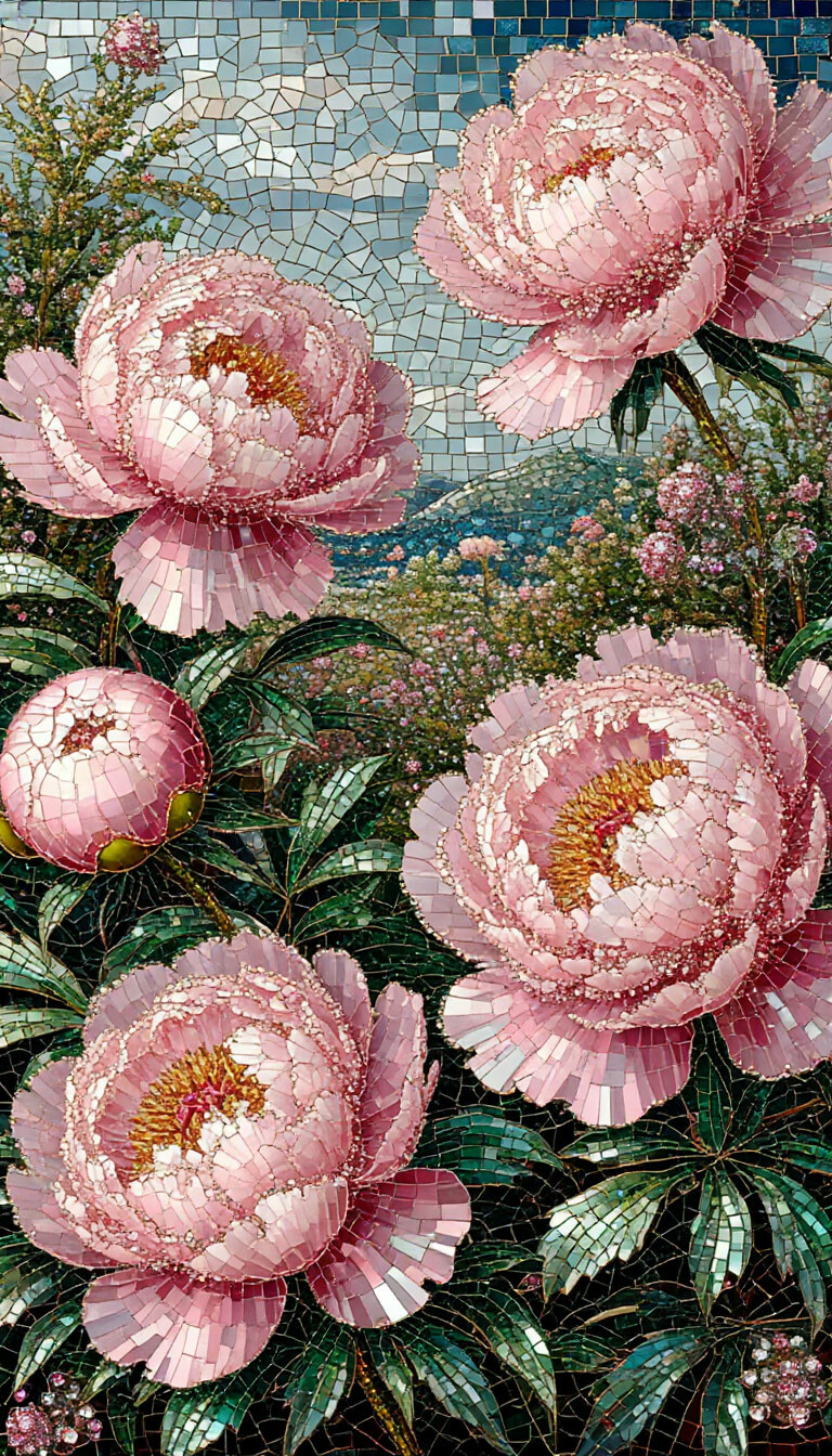 "🍀 Landscape, pale pink peonies flowerbed, baroque, glass mosaic, glass ...