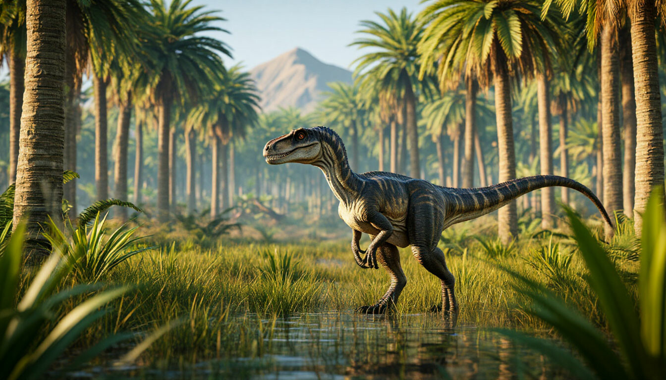 "Cretaceous period, giant papyrus forest, velociraptor mongoliensis on ...