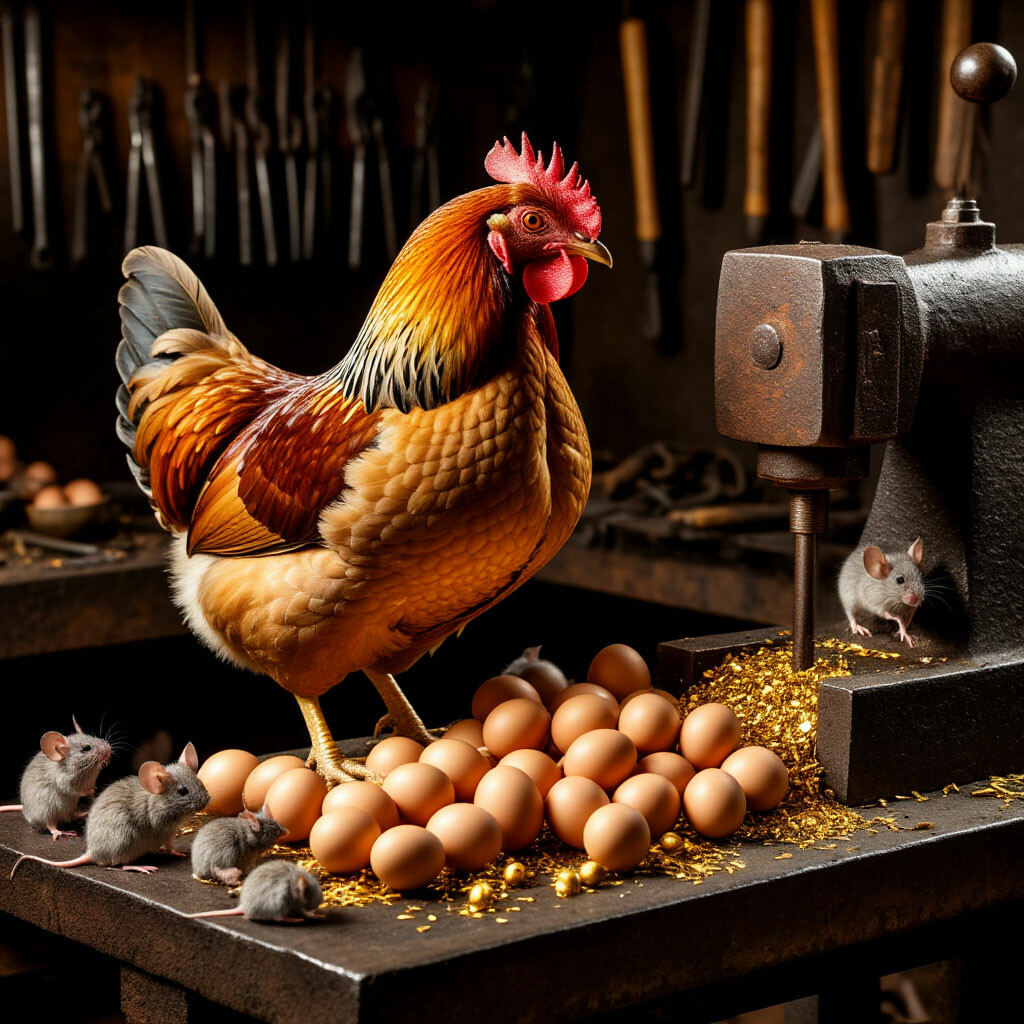 "The ryaba hen forges golden eggs with a hammer in the blacksmith the ...