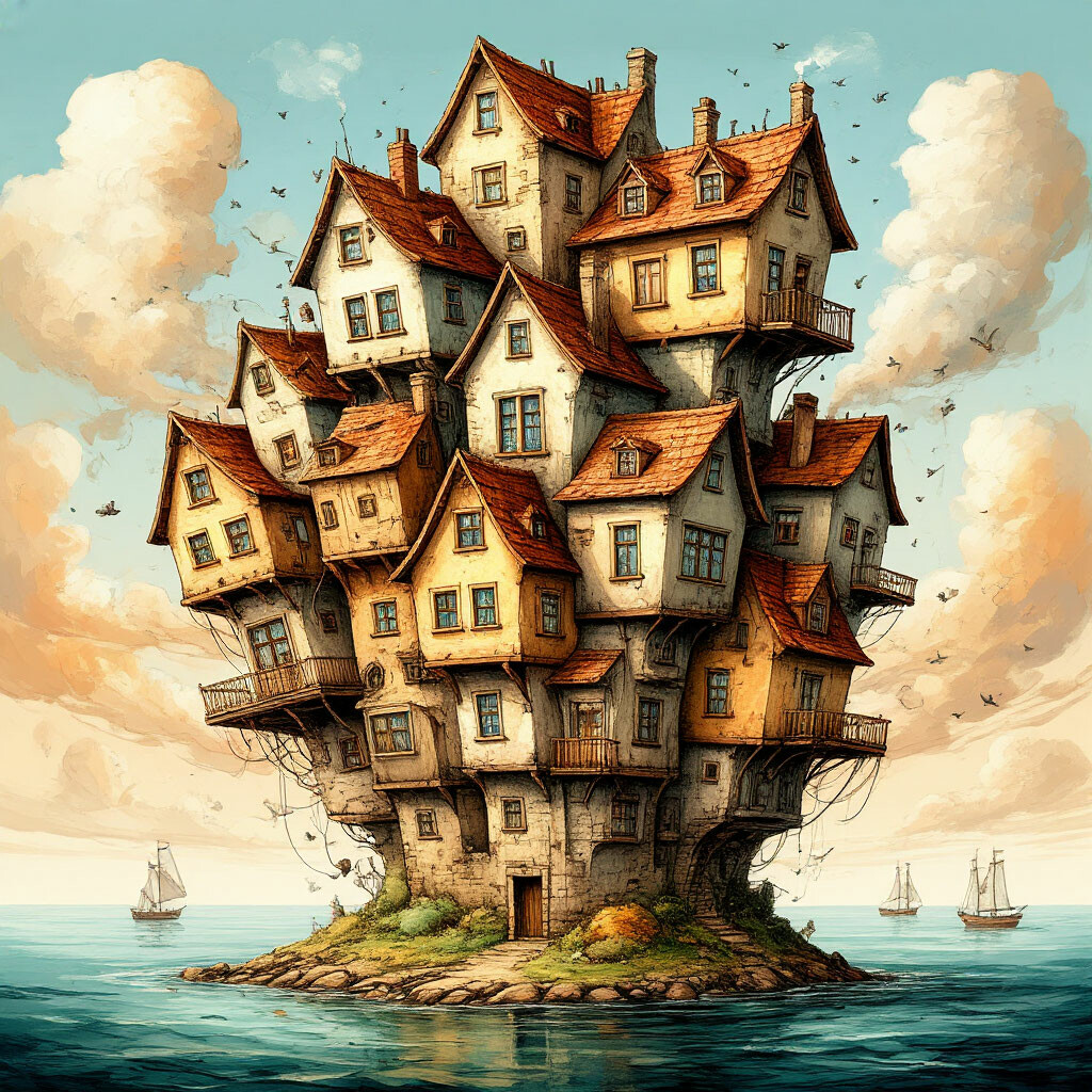 "One tall house of an incomprehensible shape, many many houses stand on ...