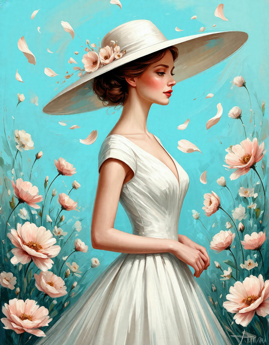«Причудливая цифровая картина изображающая элегантную даму в стиле Артфайтия в белой шляпе и
