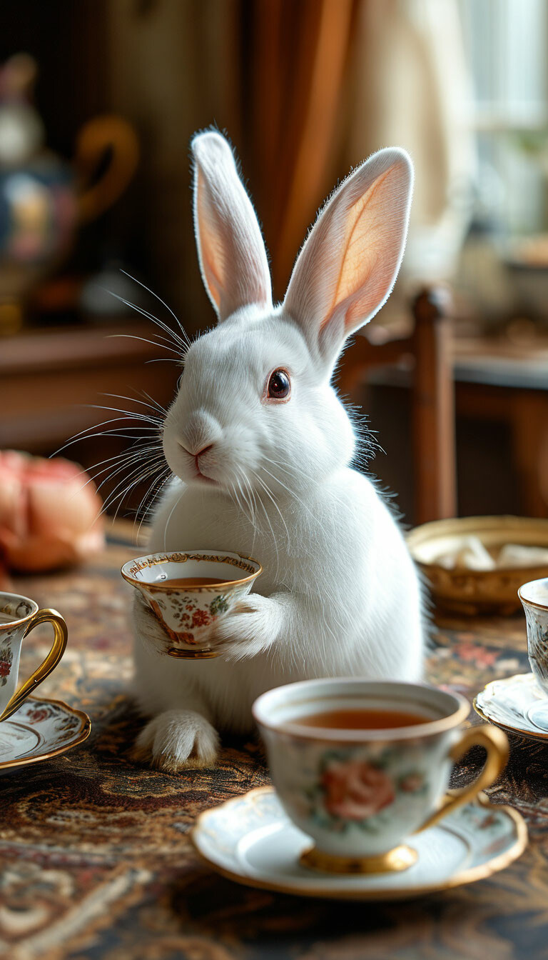 "White rabbit tea party on the table Antique service realism" — image ...