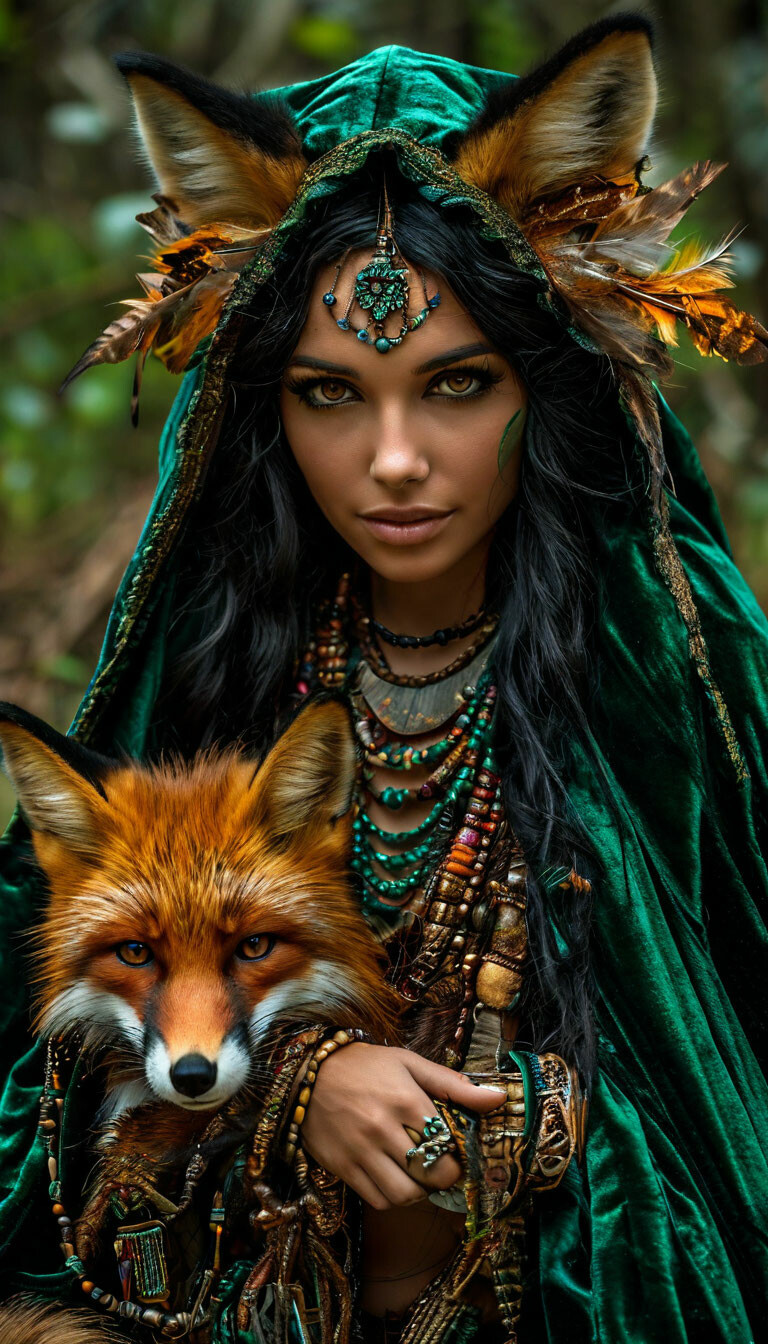 "A beautiful forest nymph woman with black hair, beautiful brown eyes ...