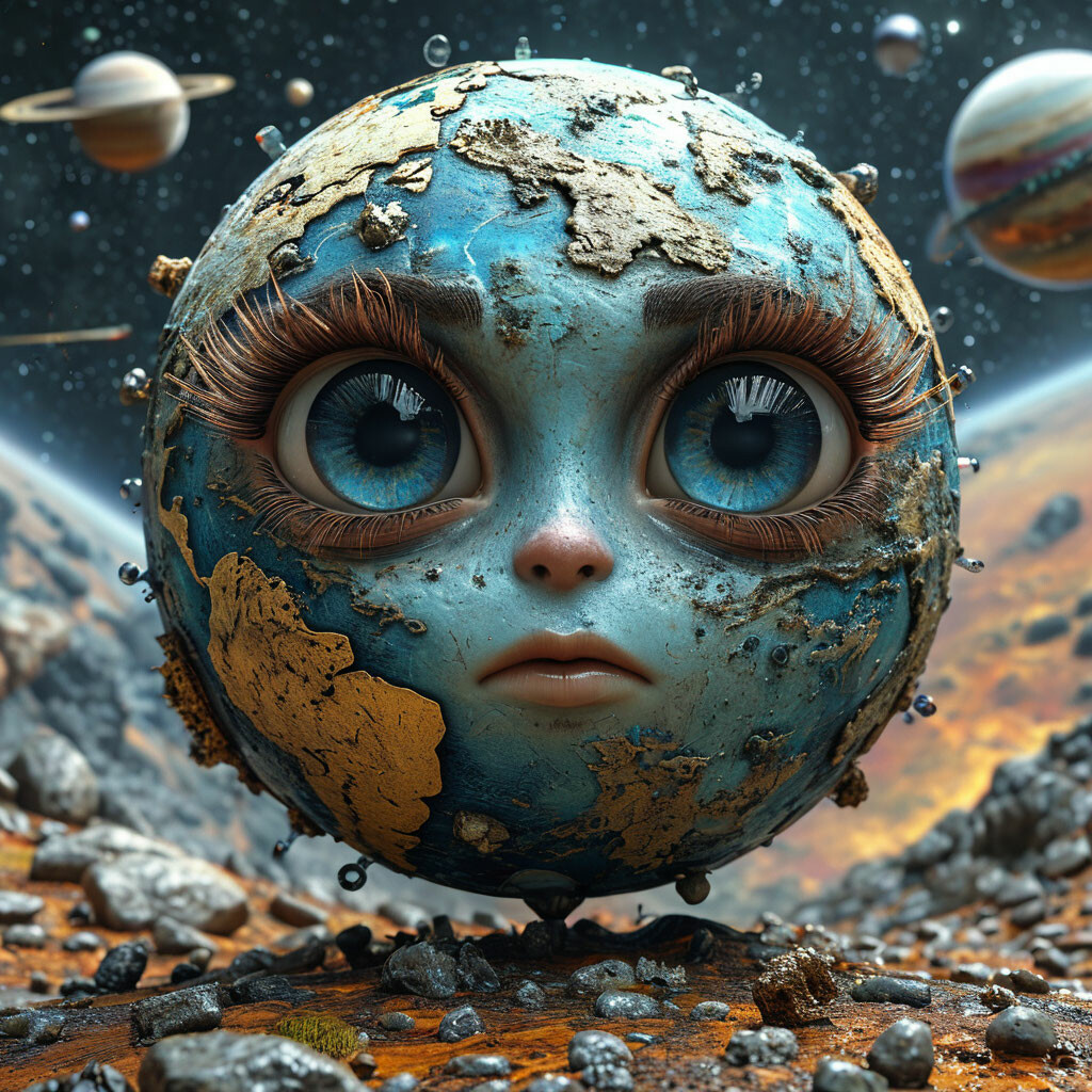 "3D surrealism, fantasy. In the galaxy of space, the globe with sad ...