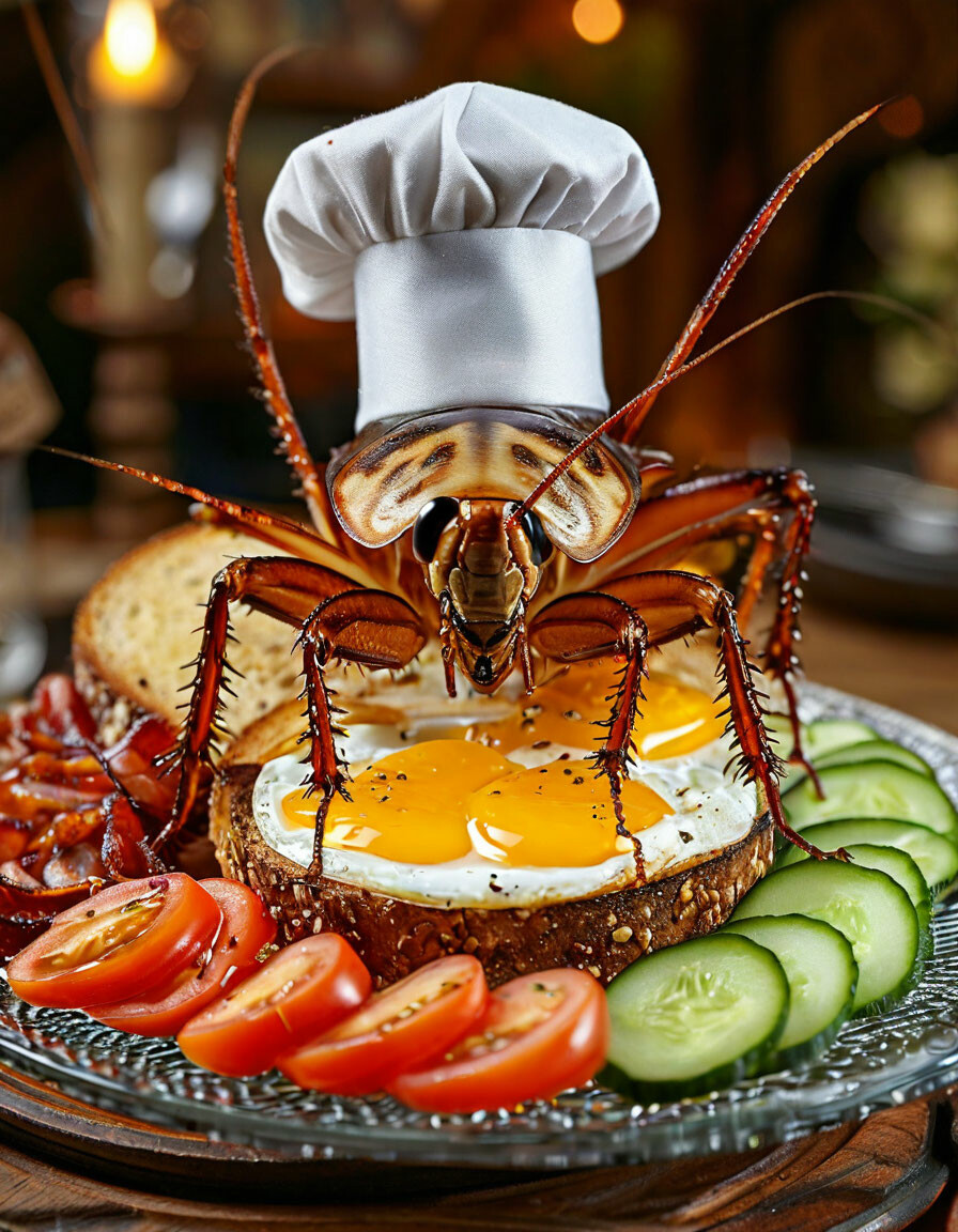"There is a COCKROACH on a large glass plate, with an apron and a chef ...