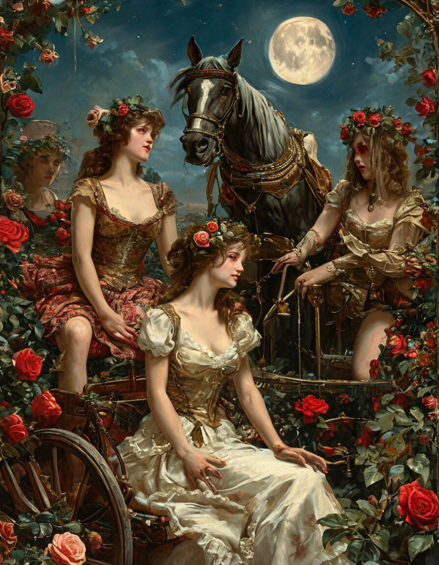 "Beautiful women in negligees. A mechanical horse carriage, roses ...