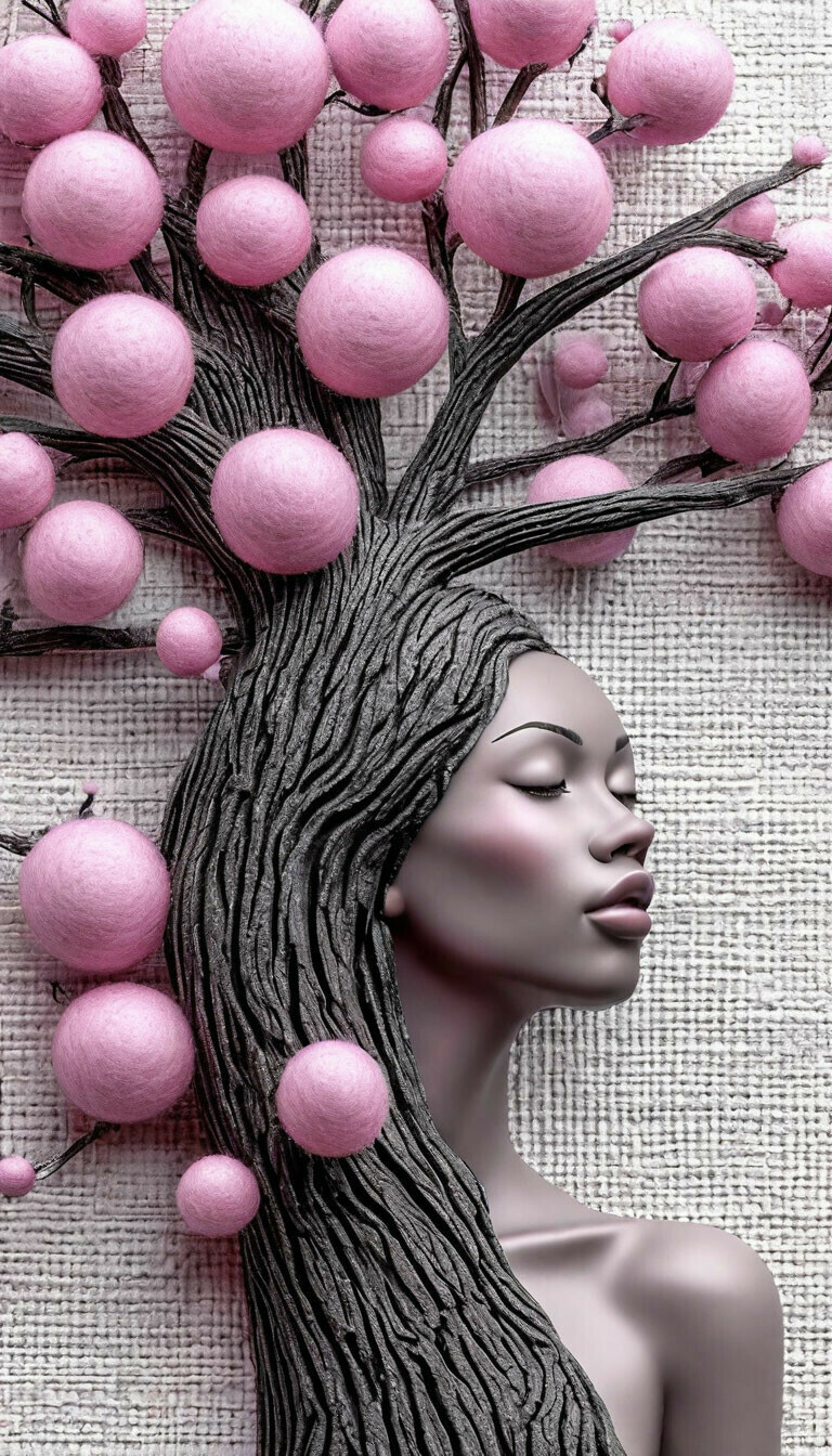 "Beautiful contour of a tree trunk with pink and lilac fur fluffy balls ...