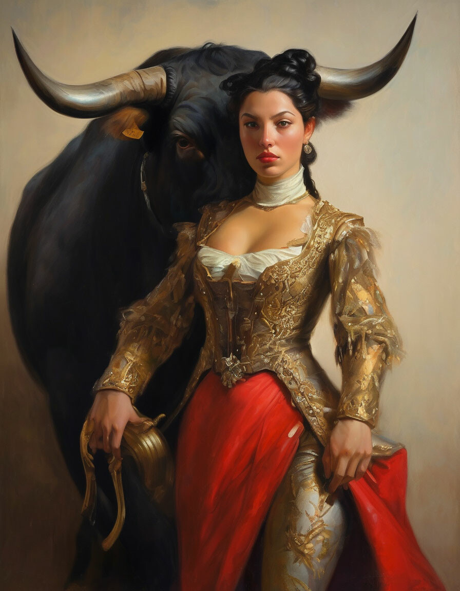 "Female bullfighter Adorable, charming, in the hands of a mulet, stands ...