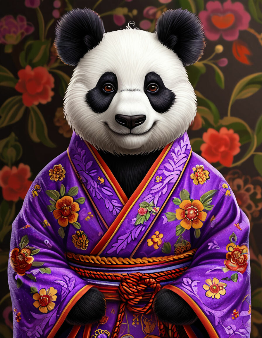 "Panda in a lilac kimono, khokhloma" — image created in Shedevrum