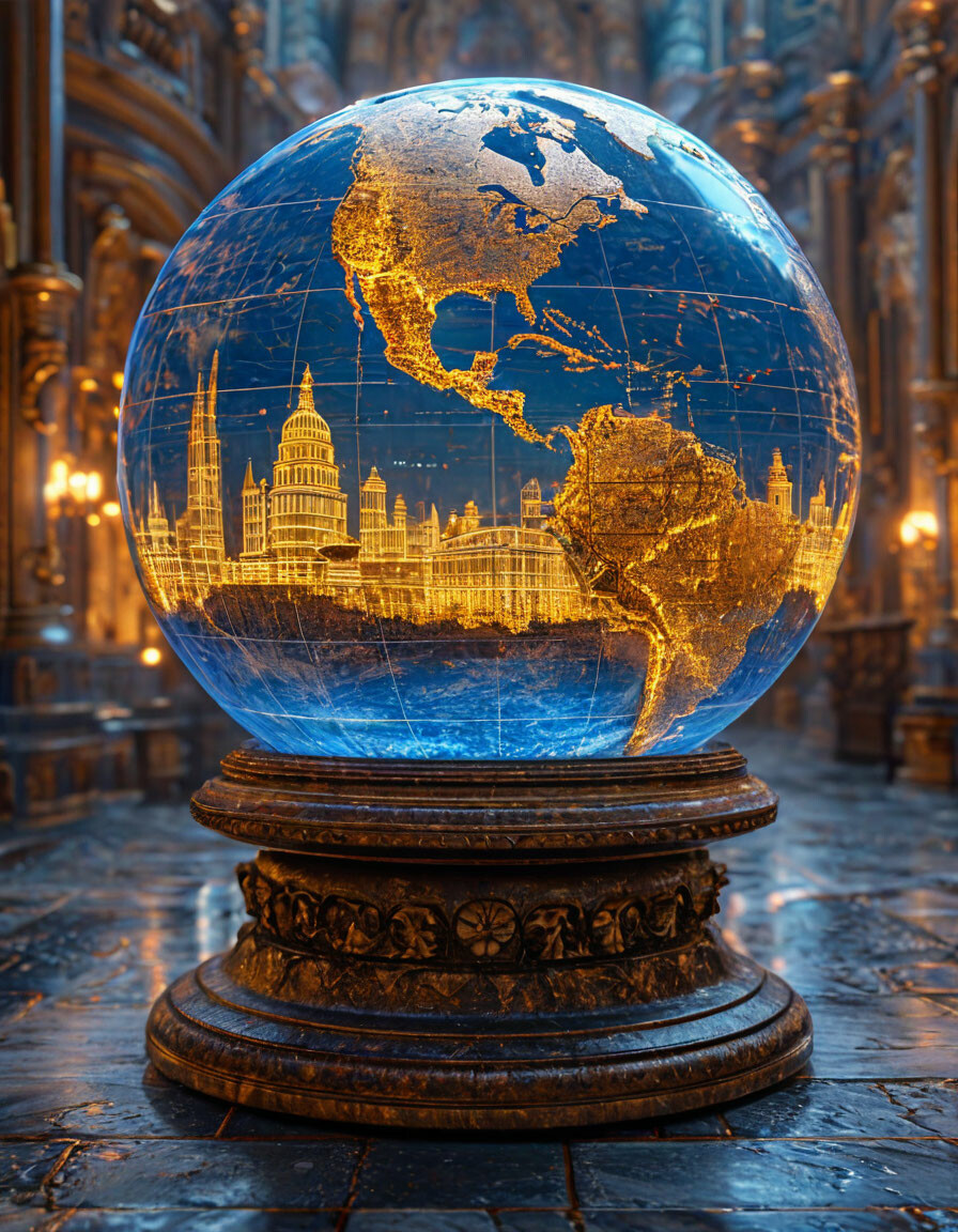 "* A 3D glass globe with meridians, parallels, and continents applied ...