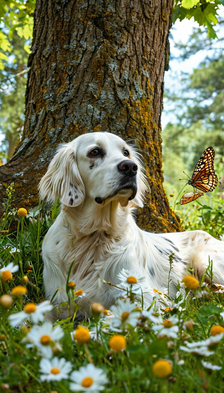 "A large white setter with spots lies in the grass, butterflies ...