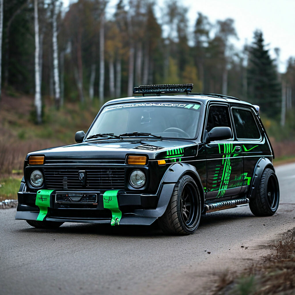 "Lada Niva for drift in black with …" — image created in Shedevrum