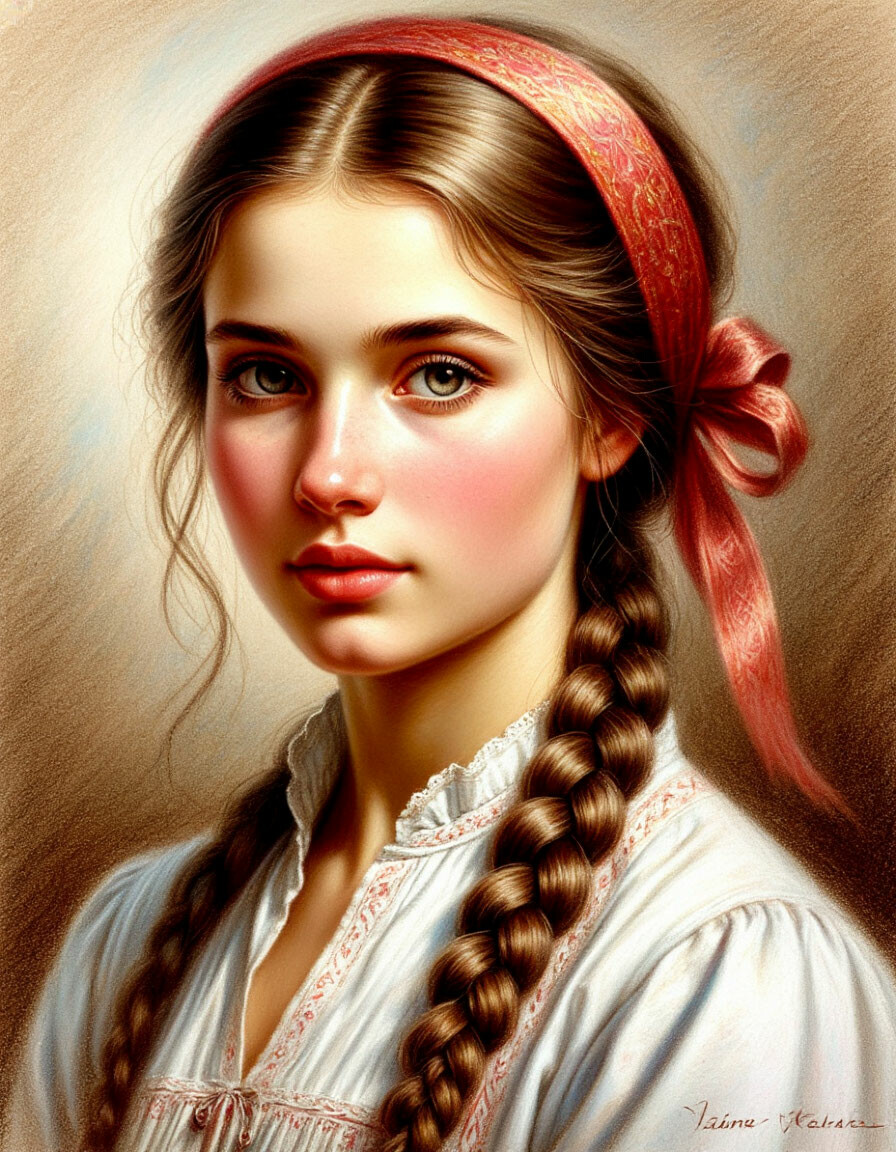 Russian beauty, braided braid, ribbon on her head, white shirt, dry ...