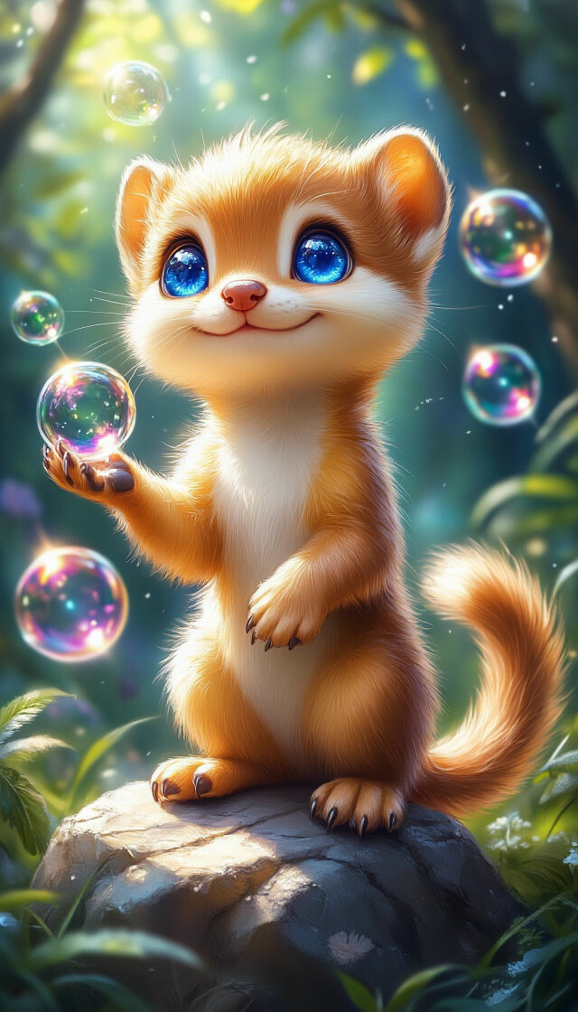 "Fantasy color drawing cute baby chibi fluffy weasel with huge sapphire ...