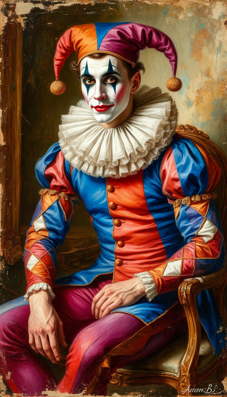 "Harlequin sketch. vintage portrait of a handsome Harlequin in a domino ...