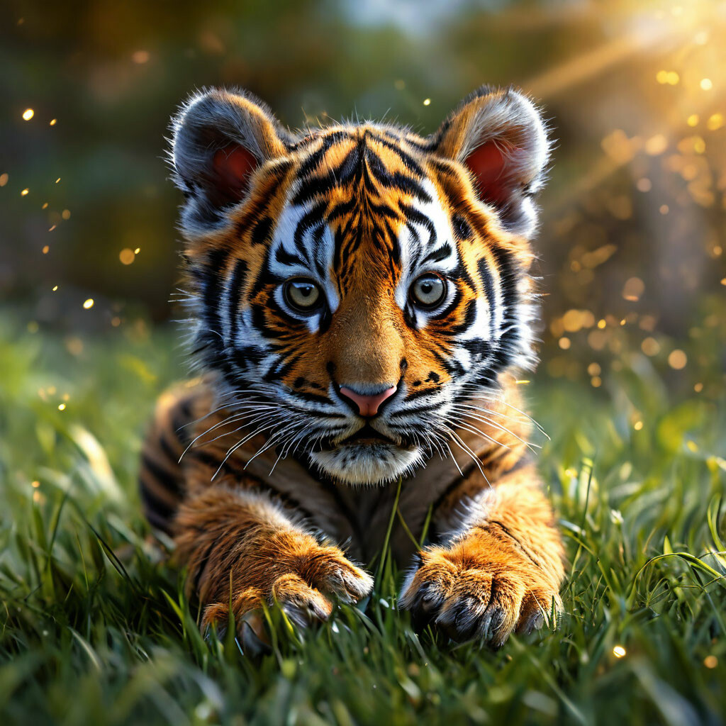 little tiger cubs in motion, tumbling and struggling in the grass ...