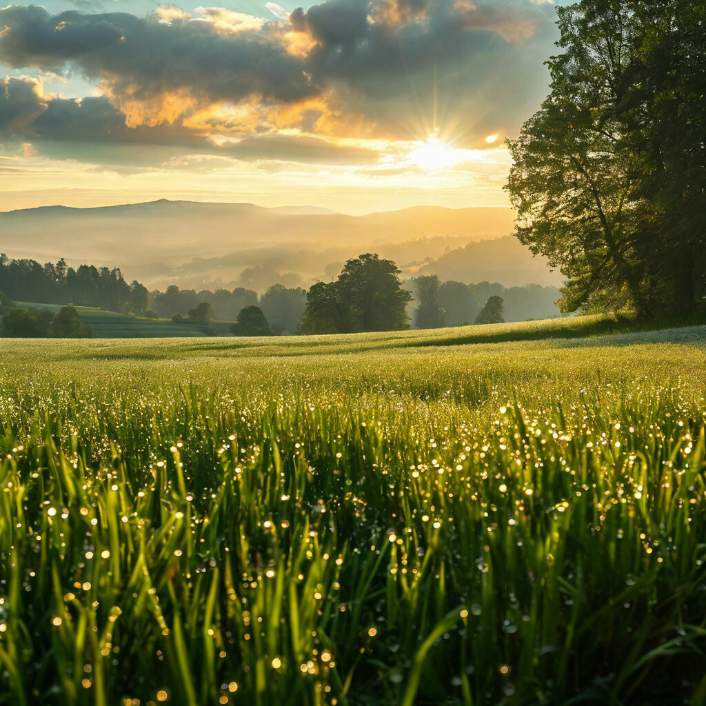 "Morning landscape with dew" — image created in Shedevrum