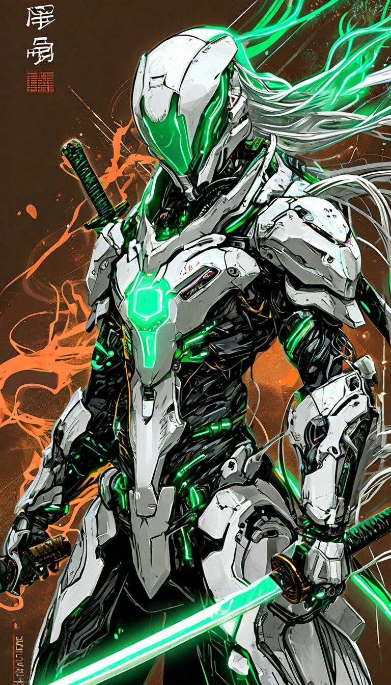 "Cyberpunk, cyber samurai, white armor, bright green backlight, katana ...