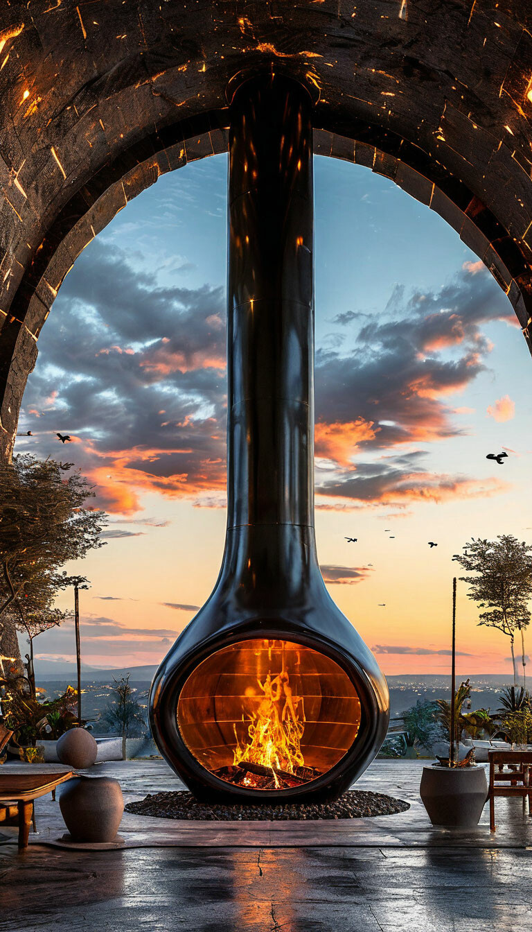 "An unusual fireplace in the living room in the style of space design ...