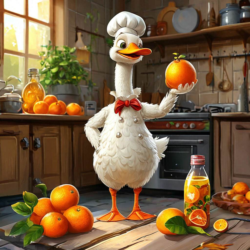 "A cartoon goose cook stands with his paws on the floor at the kitchen ...