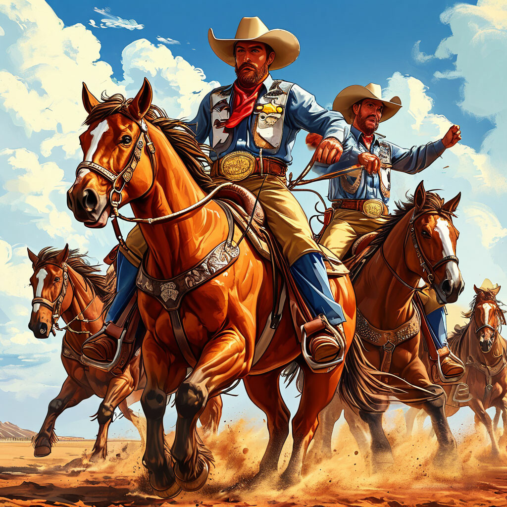 "Cartoon-like. Rodeo with cowboys" — image created in Shedevrum