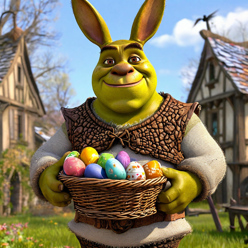 «Шрек в костюме коричневого …» — картинка создана в Шедевруме