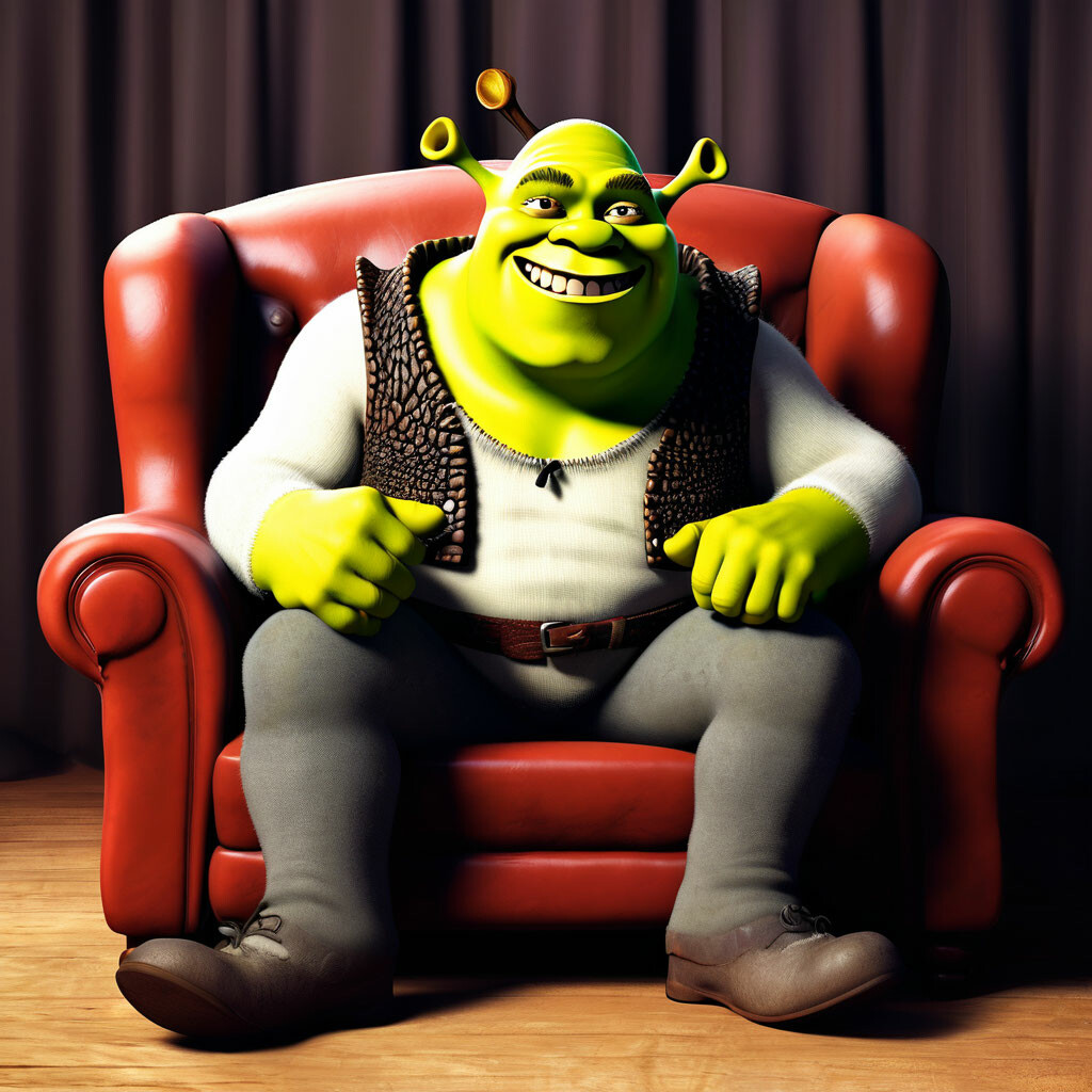 «Шрек сидит в диване и смотрит …» — картинка создана в Шедевруме