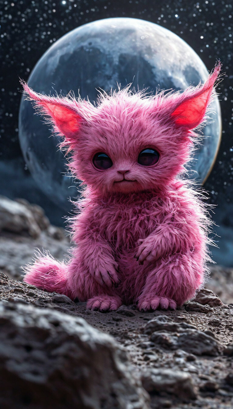 "A small fluffy pink alien beast is sitting on the moon" — image ...