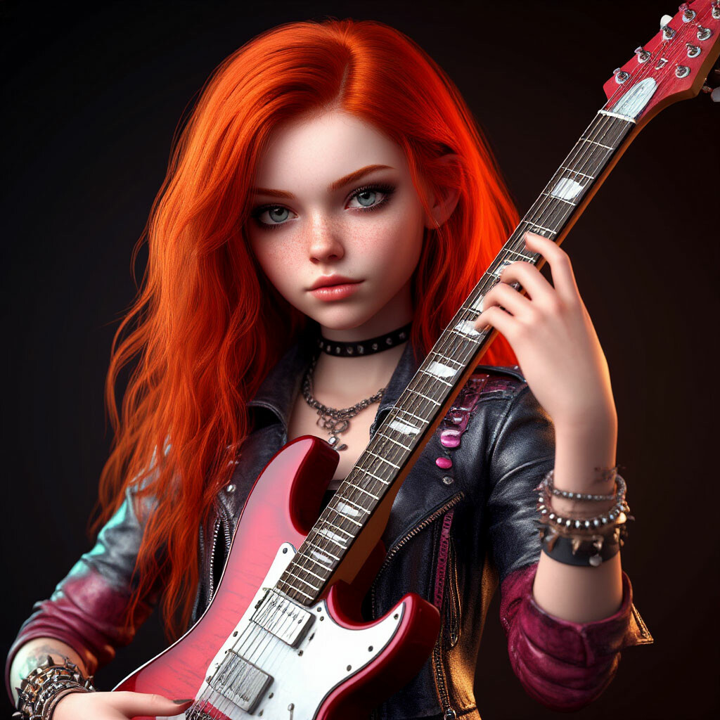 "Young beautiful rocker girl red-haired bright with a fantasy 3d guitar ...