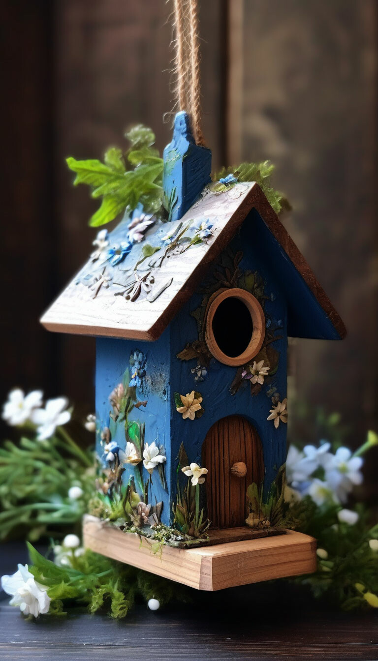 "A birdhouse mini bird house 5d wood texture,angled,dark botanical ...
