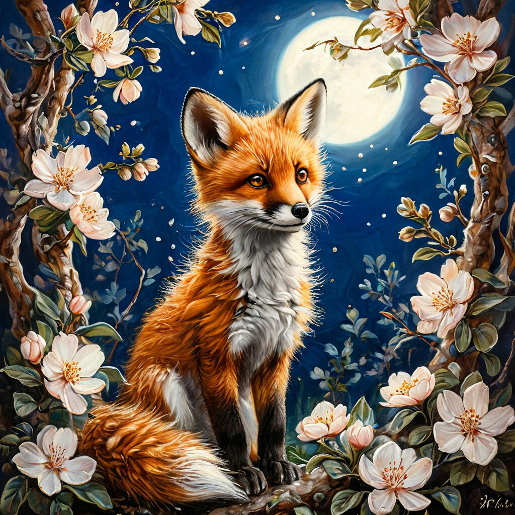 "Snowball A fox cub surrounded by flowering trees and moonlight ...