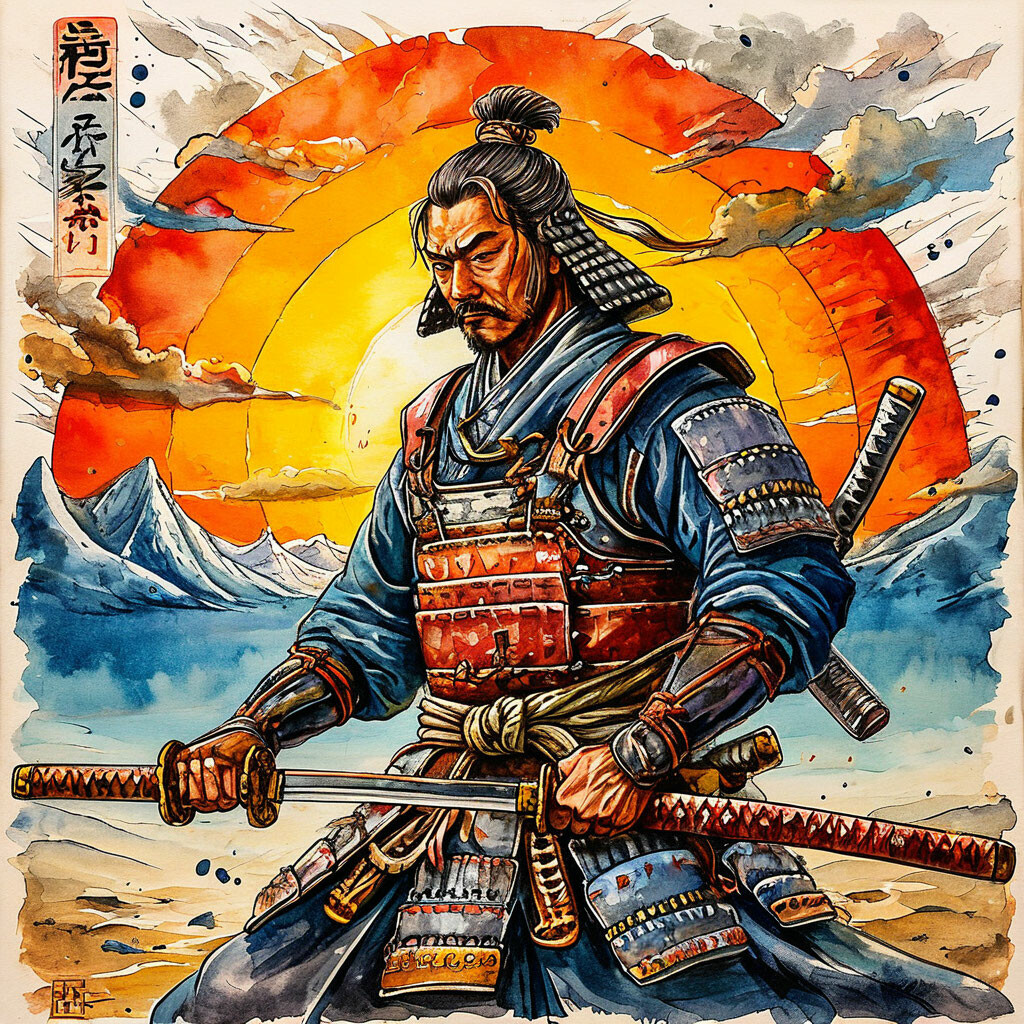 "Samurai Shogun Koshinokato san with a katana on the background of ...