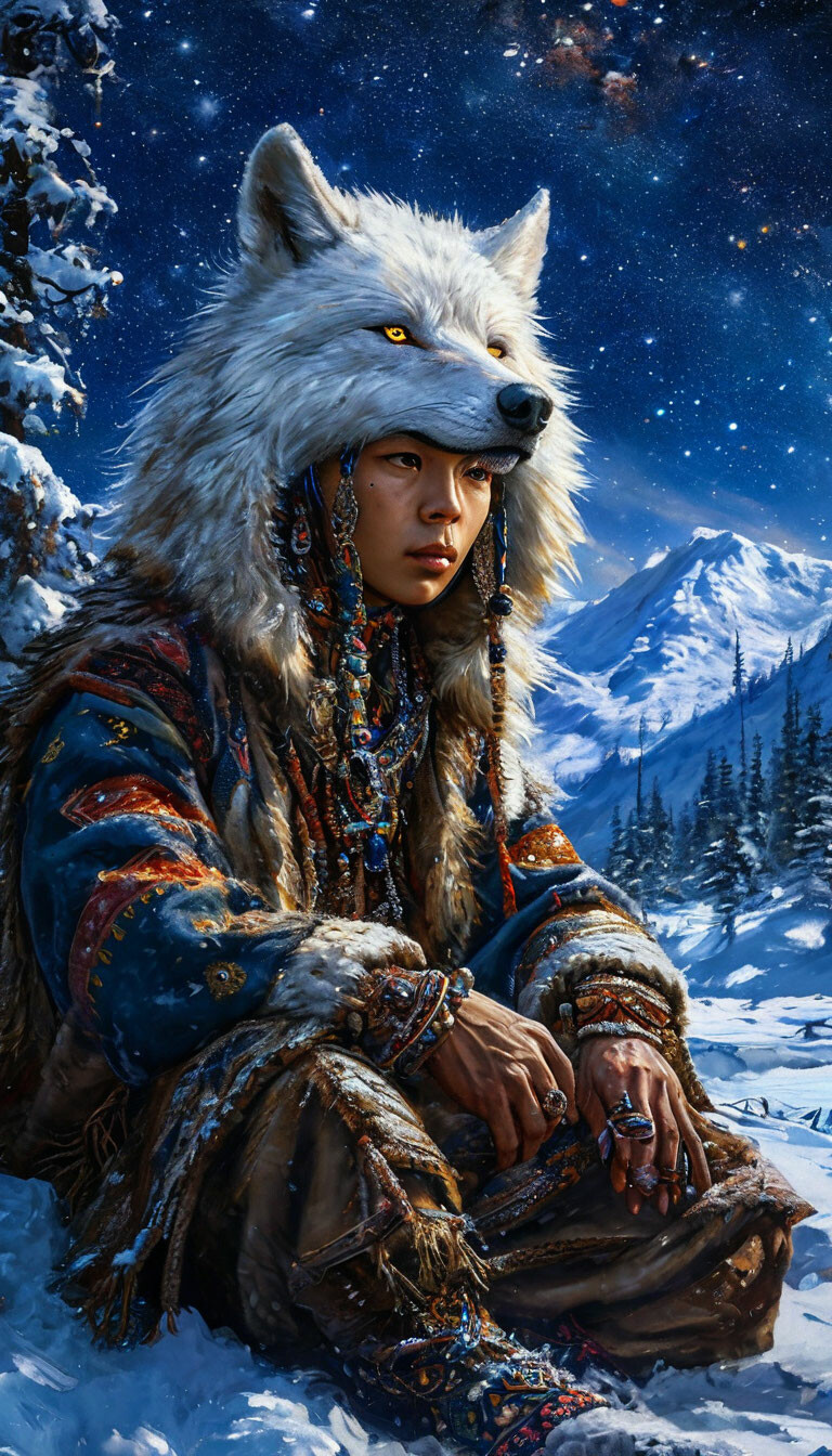 A Young Asian Shaman In A Fur Hat Made From The Head Of A White Wolf