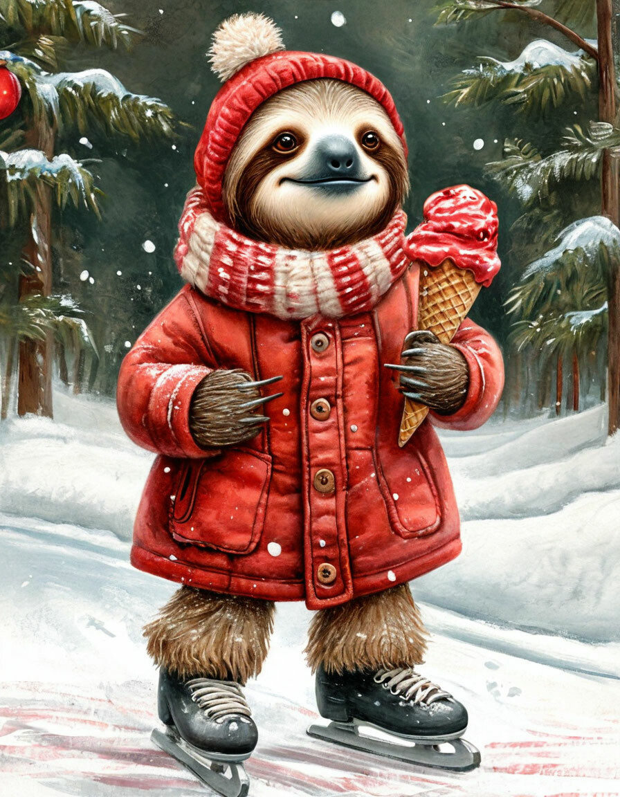 ". A sloth on ice skates holding strawberry ice cream in the style of ...