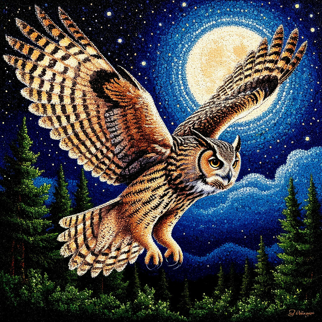 "Pointillism, night, owl in flight" — image created in Shedevrum