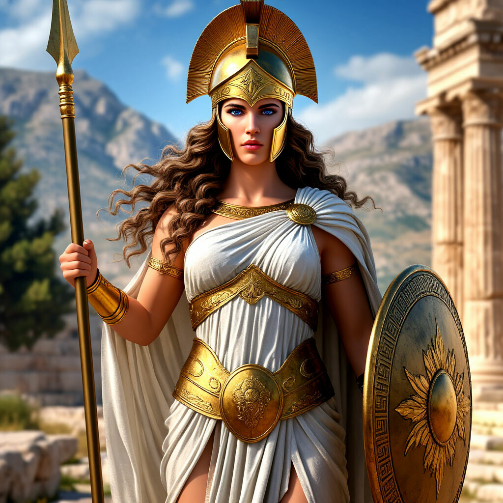 "Super realistic, looks like the real, beautiful goddess Pallas Athena, with …" — image created ...