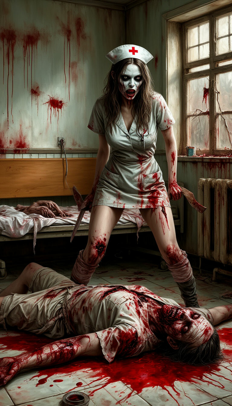"A beautiful zombie nurse in an ultra-short dirty medical gown hacked ...