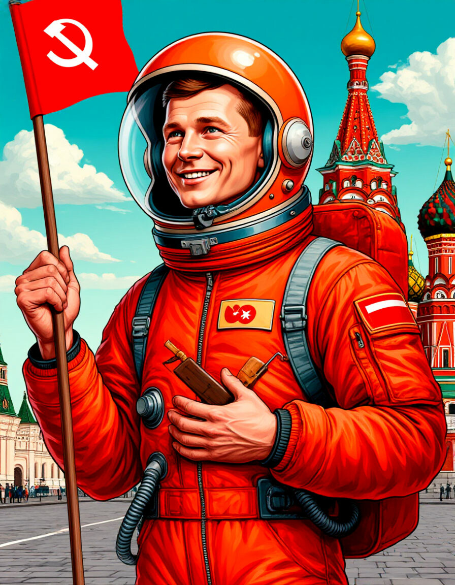 "Cartoon,light pastel colors, USSR-Soviet cosmonaut Yuri Gagarin stands ...