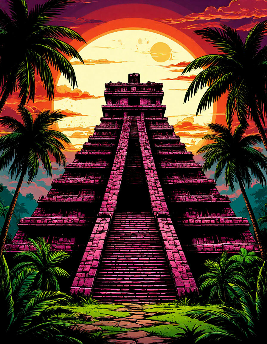"The Mayan building is a jungle of palm trees, behind it is a huge ...