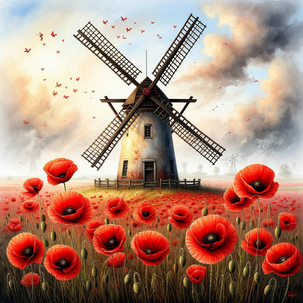 "A fabulous windmill with blades, standing on the edge of a poppy field ...