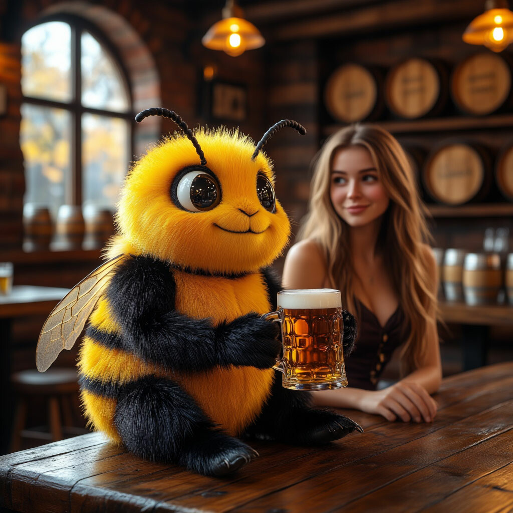 "Fluffy Bumblebee and his bride drink beer in a beer bar" — image ...