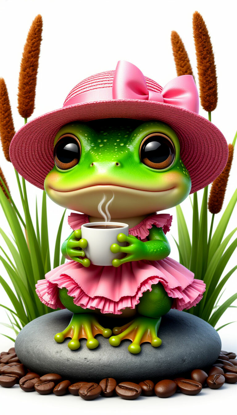 "Cute cartoon frog chibi cute in a pink panama hat with a bow, in a ...