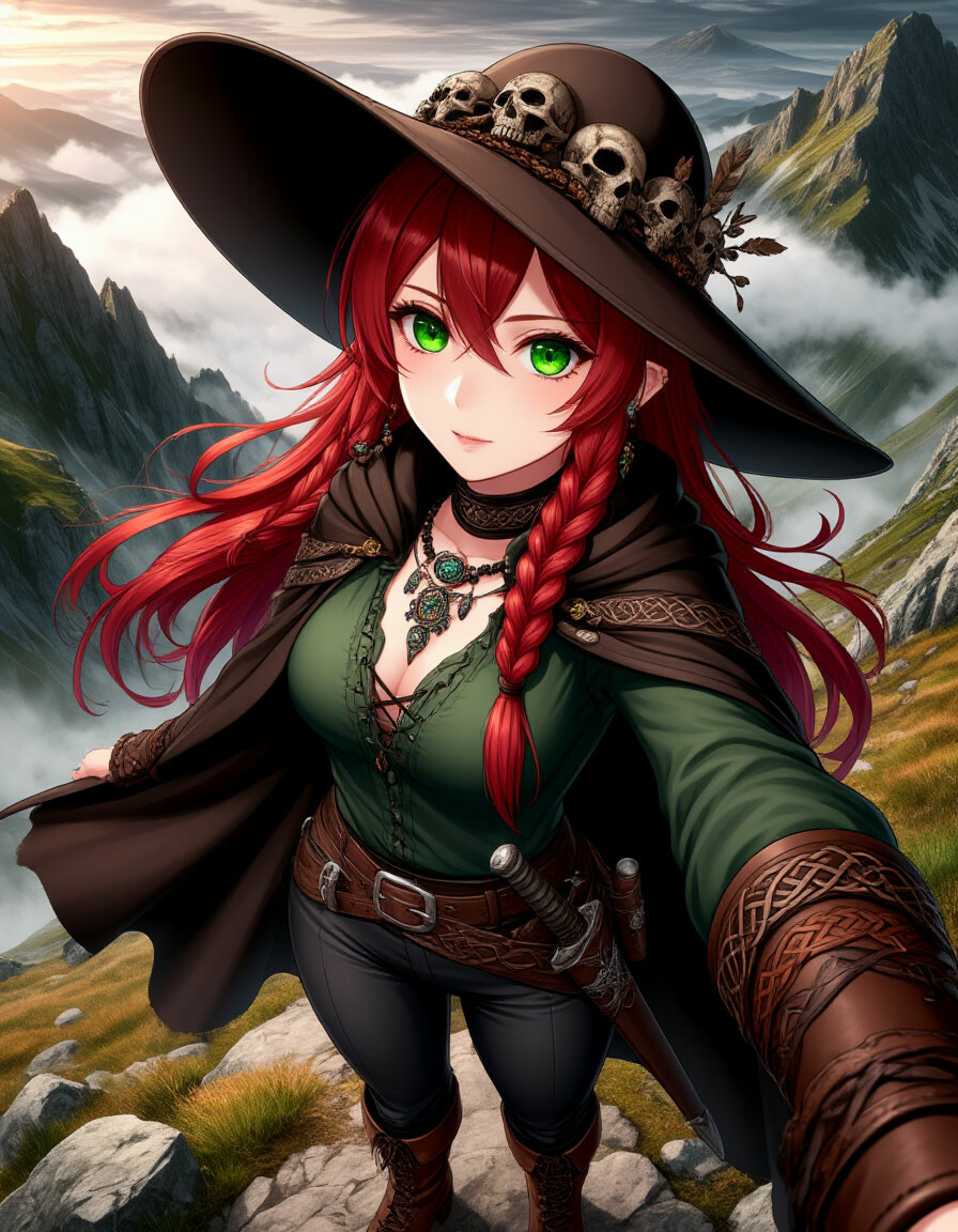 "Elinor taking a selfie from above, an adult anime girl with long red ...