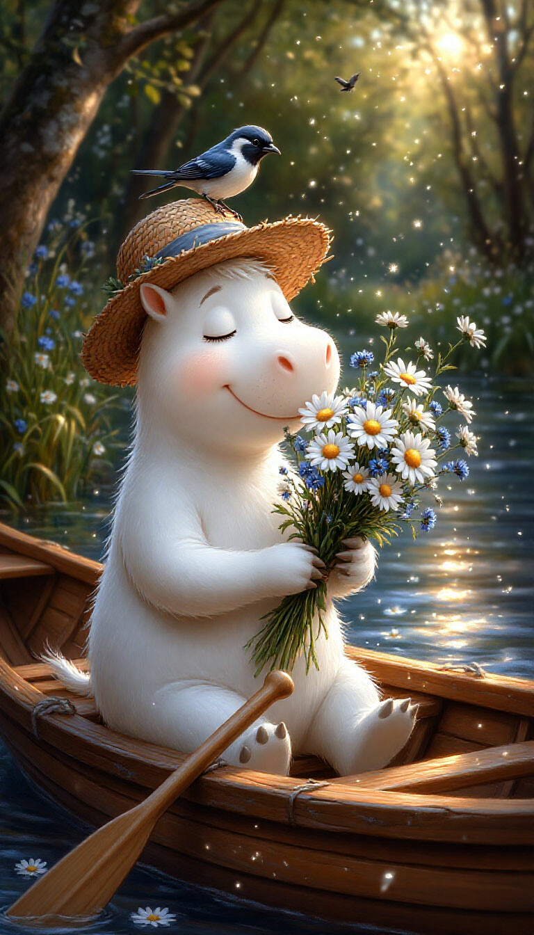 "White Moomin Visiting, eyes closed, wearing a hat, sniffing a bouquet ...