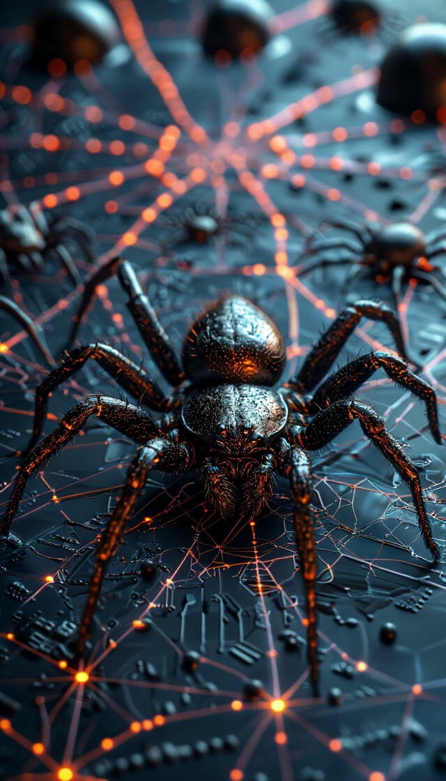 "Alien spiders with metallic scales, exploring fluorescent fields with ...