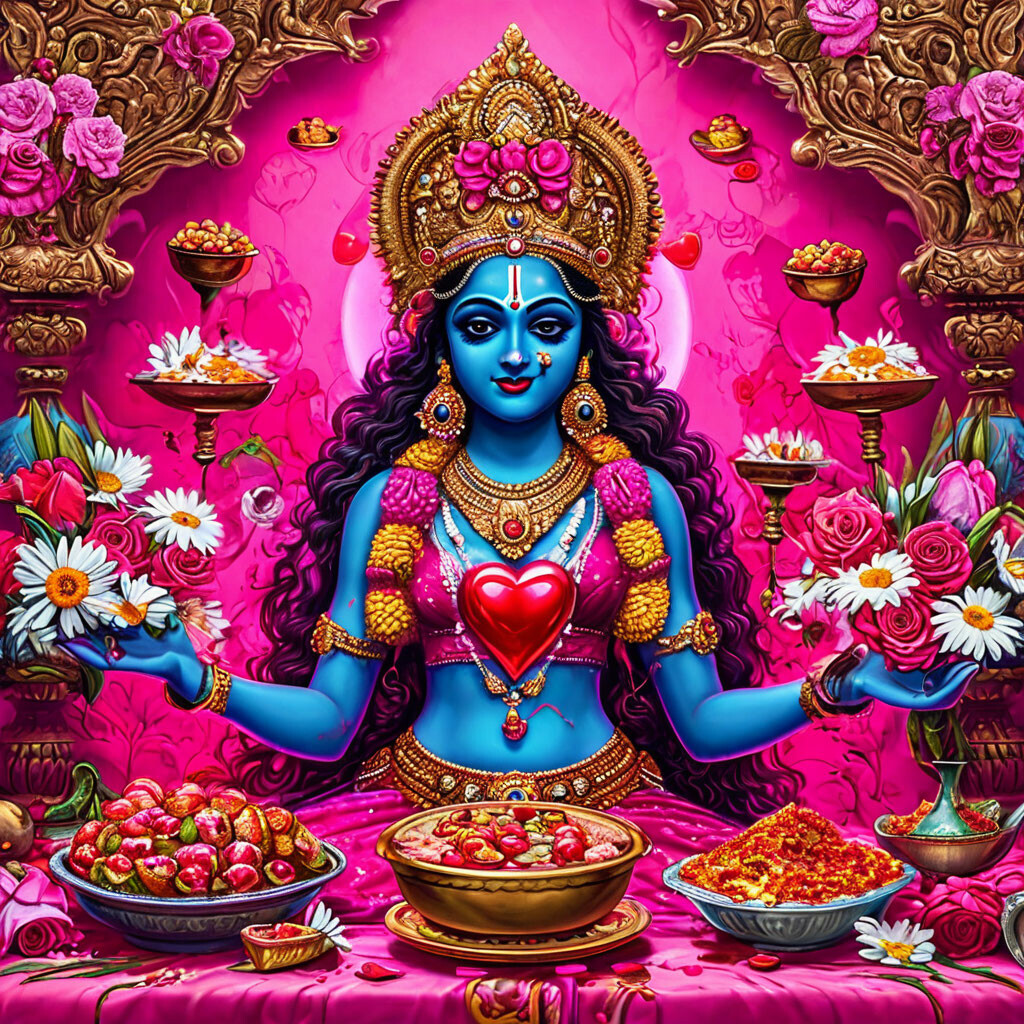 "The gods of Kali are sitting with a table holding a Valentine's Day heart in her hand, bowls of ...