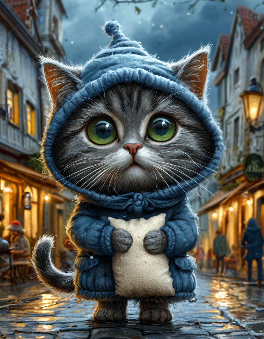 "I want to sleep A sleepy gray cat with huge green eyes in a nightcap ...